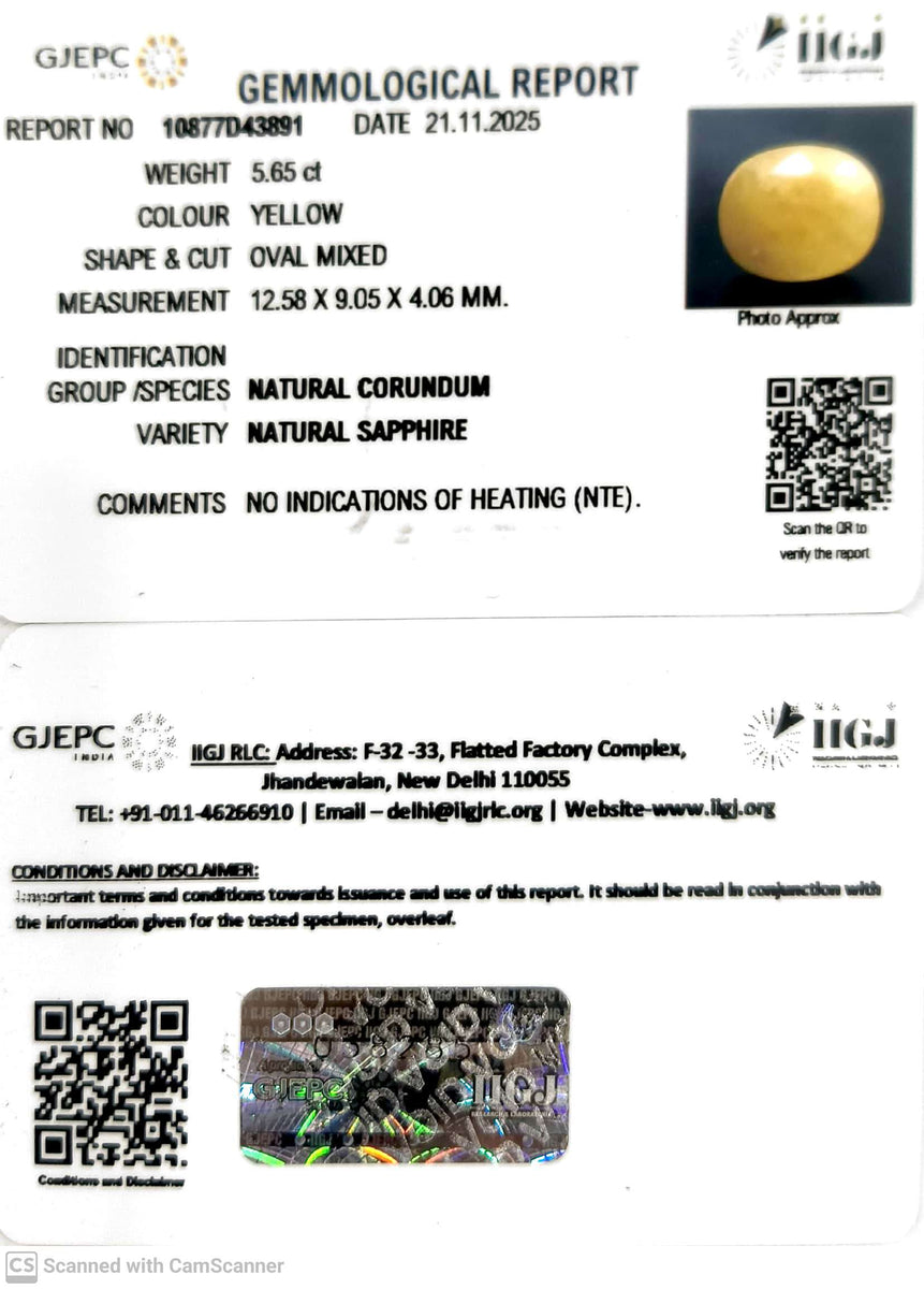 5.65/CT Natural Yellow Sapphire With Govt Lab Certificate (2331 ...