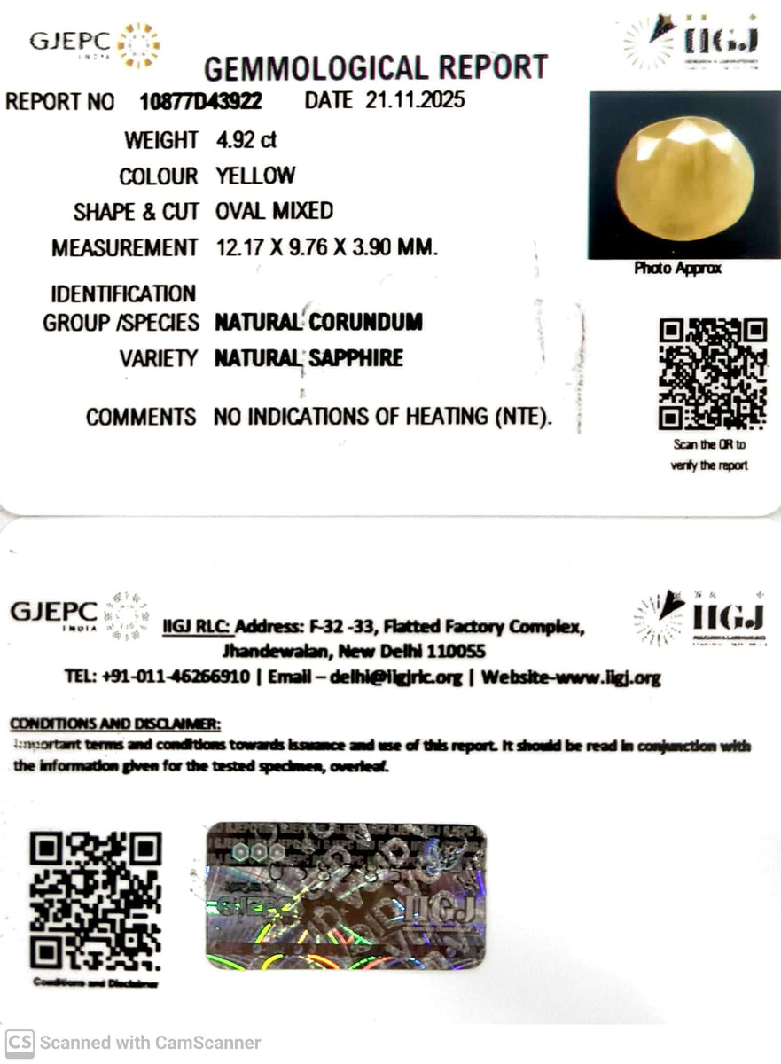 4.92/CT Natural Yellow Sapphire With Govt Lab Certificate (1221 ...