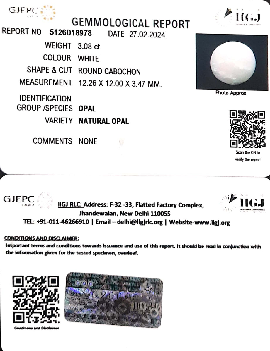 3.08/CT Natural Opal with Govt. Lab Certificate (4551) | Khanna Gems