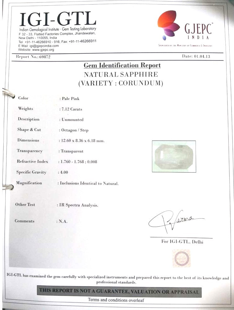 7.12/CT Natural Pink Sapphire with Govt Lab Certificate-(6771) | Khanna ...