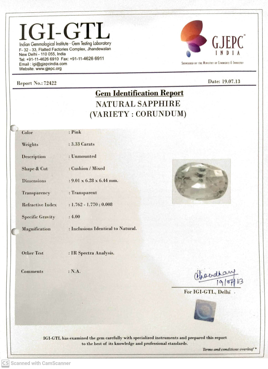 3.33/CT Natural Pink Sapphire with Govt Lab Certificate-(67710 ...